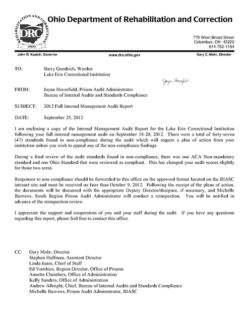 Ohio Drc Full Internal Management Audit Report 2012 | Prison Legal News