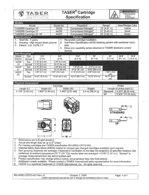 Taser Cartridge Specification Sheets Oct 2006 | Prison Legal News