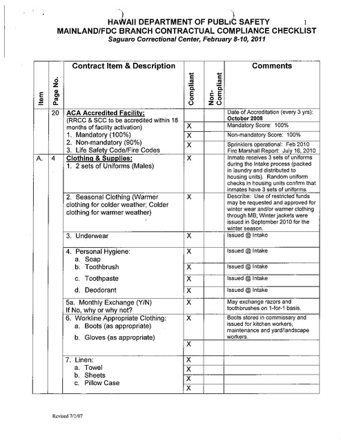 Hi Dept of Public Safety Contractual Compliance Checklist for Saguaro ...