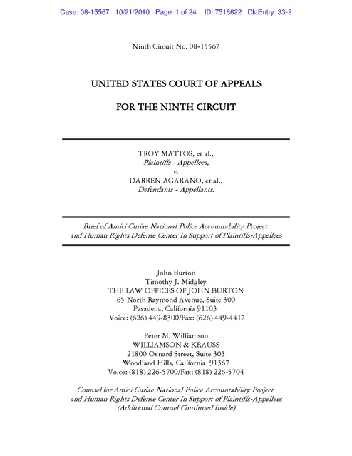 Mattos v. Agarano, Amicus Brief HRDC, Taser case, 2010 | Prison Legal News