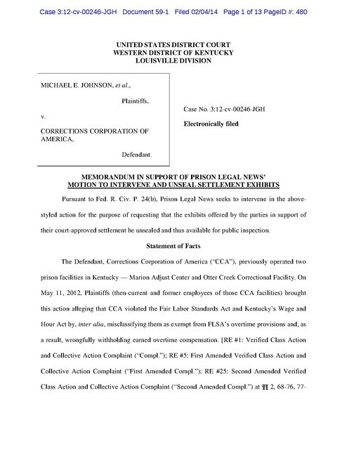 Johnson v. CCA, Motion to Intervene and Unseal Exhibits, Louisville ...