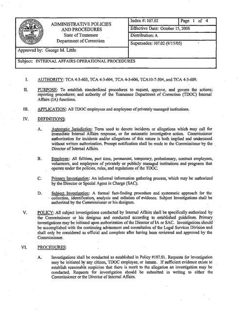 Tn Doc Internal Affairs Operational Procedures 2008 | Prison Legal News
