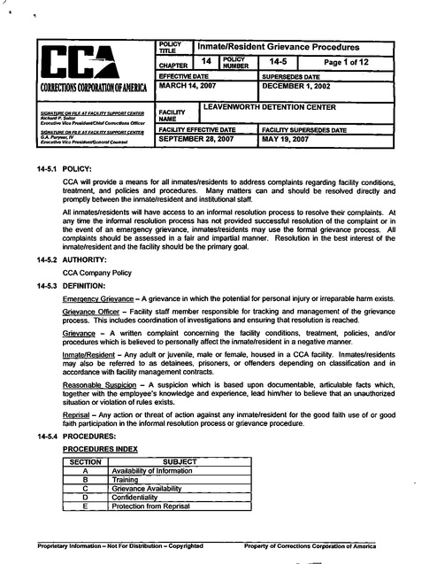Inmate Grievance Procedures Leavenworth Ky Cca 2007 | Prison Legal News