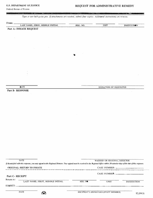 Request for Administrative Remedy - Complaint Form, DOJ BOP | Prison ...