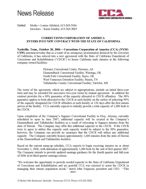 Cca Corrections Corporation of America Enters Into New Contract With ...