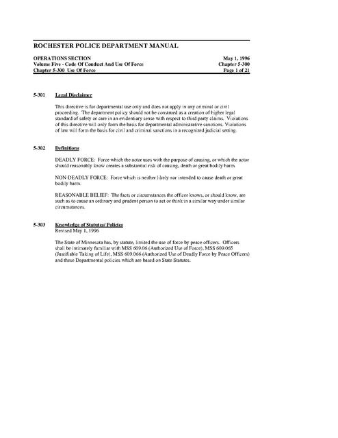 Taser Rochester Mn Pd Manual Use of Force Guidelines 1996 | Prison ...