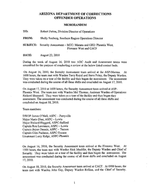 Arizona Doc Memo Re Az Private Prison Assessments 2010 | Prison Legal News