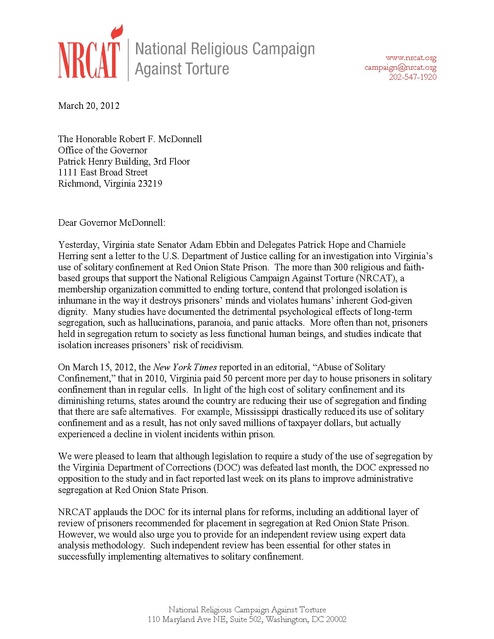 Nrcat Letter to Va Governor Mcdonnell Re Solitary Confinement 2012 ...