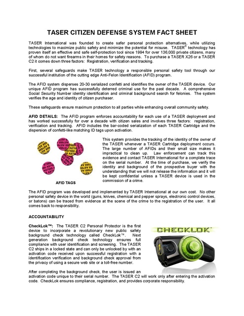 Taser Citizen Defense System Fact Sheet | Prison Legal News