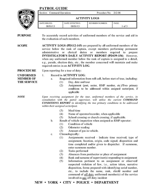 NYPD Activity Logs Patrol Guide 2013 | Prison Legal News
