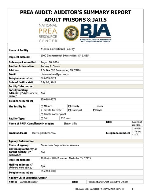 PREA Audit of CCA-Run Georgia Jail, 2014 | Prison Legal News