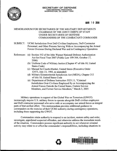 Usdod Memo Re Ucomj Jurisdiction Over Civilian Personnel in a Declared ...