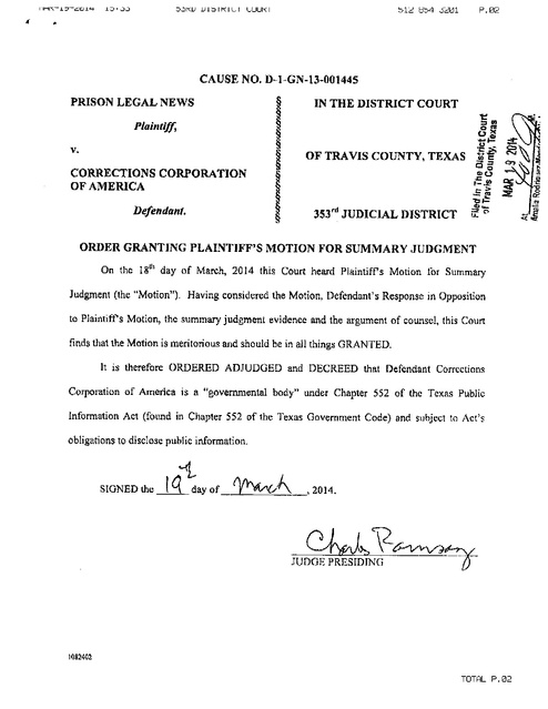 Prison Legal News v. Corrections Corporation of America (CCA - Travis ...