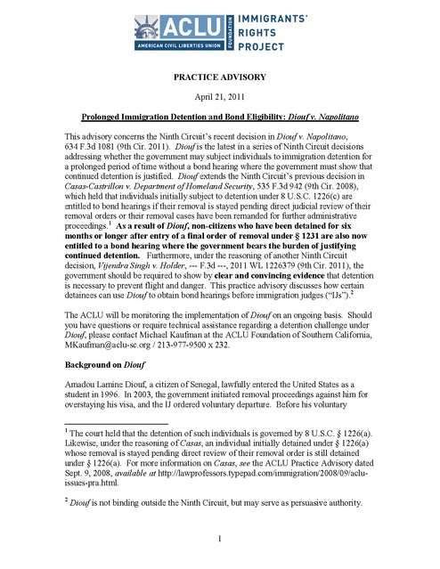 Aclu Immigrant Rights Project Practice Advisory Memo Re Diouf v ...