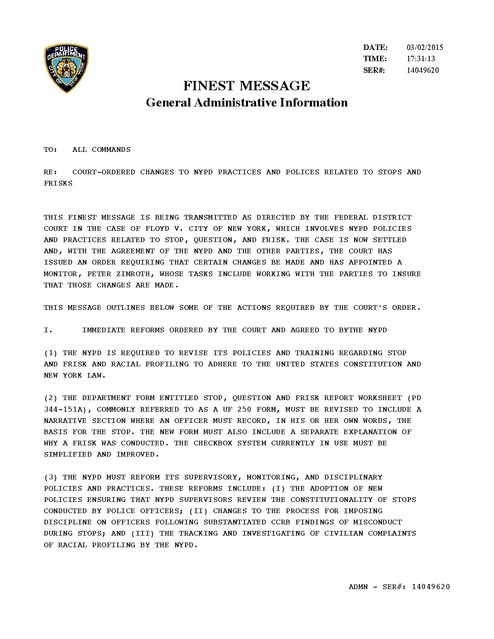 NYPD Internal Memo re Changes to Stop and Frisk Policy, NYPD, 2013 ...