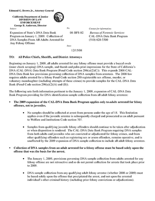 California Ag Memo All Adults Arrested Must Give Dna Sample 2008 ...